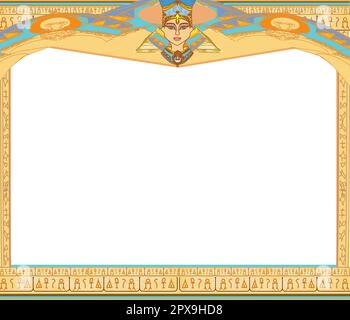 vintage card - decorative frame with hieroglyphs and egyptian queen ...
