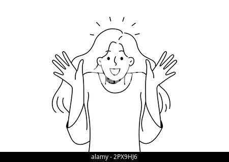 Overjoyed young woman feel astonished and surprised. Smiling girl ...