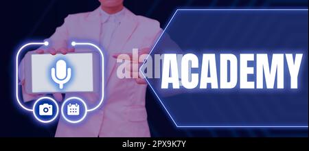 Hand writing sign Academy. Conceptual photo where students can go to ...