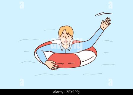 Stressed young man in inflatable ring ask for help drowning in water ...