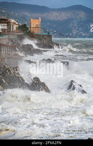 Waves on the promenade on the cliffs of Nervi, in the outskirts of ...