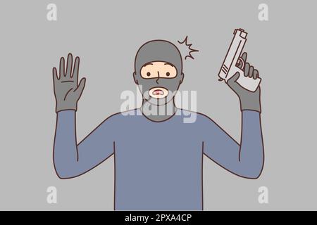 Male robber in balaclava holding gun raise hands up get caught by ...