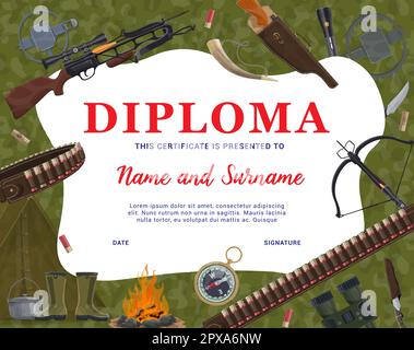 Hunter diploma, hunting equipment and weapon. Vector award certificate ...