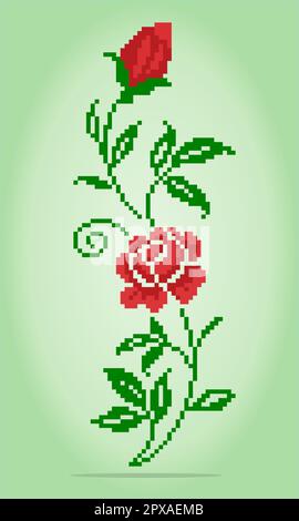 8 bit pixels of roses. Red flowers for Cross Stitch patterns, in vector ...
