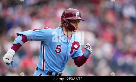 Philadelphia Phillies' Bryson Stott plays during a baseball game, Monday, May 22, 2023, in ...