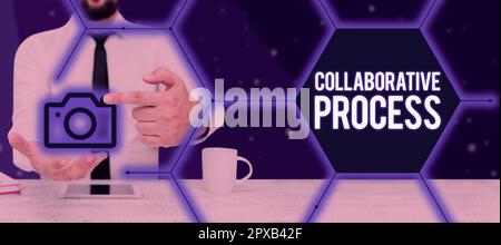 Hand writing sign Collaborative Process. Business concept people and ...