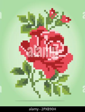 8 bit pixels of roses. Red flowers for Cross Stitch patterns, in vector ...