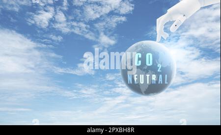 Carbon neutral concept. Robot hand touches CO2 in globe map isolated on ...