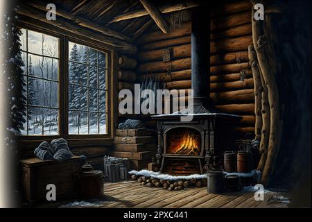 cabin interior, Winter, fireplace Stock Photo - Alamy