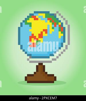 World map in pixel art style. Globe flat 8-bit icon. Vector isolated ...
