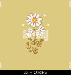 Chamomile flowers. Sprig with three blooming daisies and two buds ...