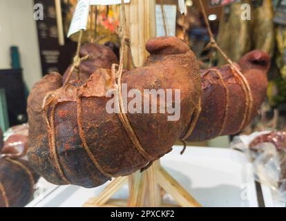 Extremaduran buche displayed at butchers shop. Pork stomach stuffed ...