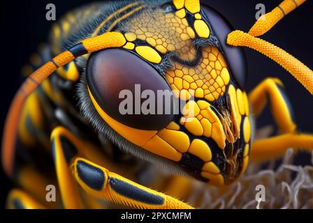 Ultra extreme macro of wasp (Vespula vulgaris) head on black background ...