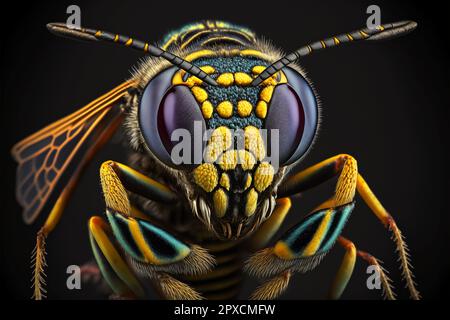 Ultra extreme macro of wasp (Vespula vulgaris) head on black background ...