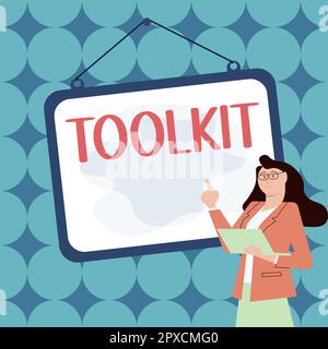 Sign displaying Toolkit. Concept meaning set of tools kept in a bag or ...
