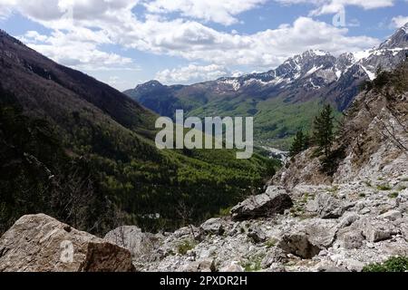 View of the Theth valley Qafa e Pejes pass, Accursed Mountains, Theth ...