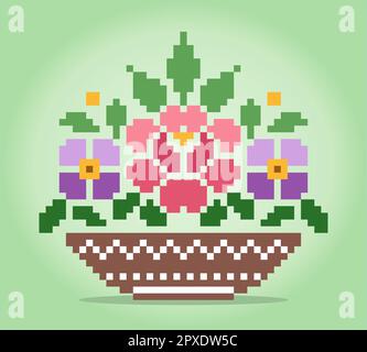 8-bit pixel flowers on the basket. Bouquet flowers for cross stitch ...