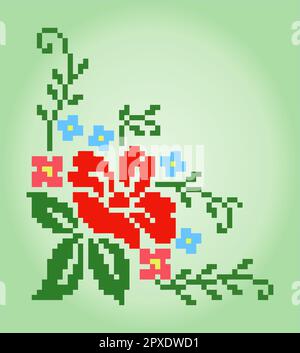 8-bit pixel of hibiscus flower. flowers for cross stitch patterns, in ...