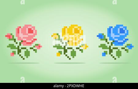 8 bit pixels of roses. Red flowers for Cross Stitch patterns, in vector ...