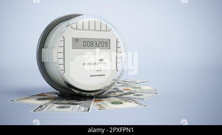 Electricity meter standing on dollar bills. 3D illustration Stock Photo ...