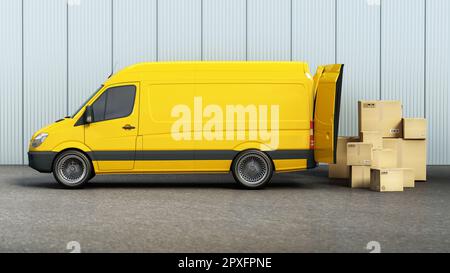 Transport van with cargo boxes standing on GPS map. 3D illustration ...