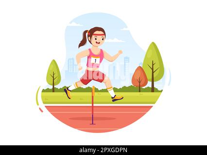 Kids Athlete Run Hurdle Long Jump Sportsman Game Illustration in ...