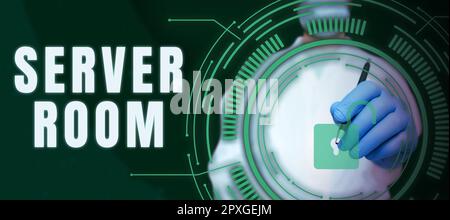 Hand writing sign Server Room, Word Written on a room used to store ...