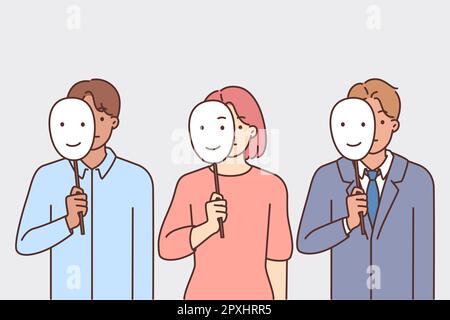 Diverse people holding masks in hands hide emotions behind ...