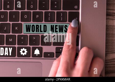 Hand writing sign World News. Business overview global noteworthy ...