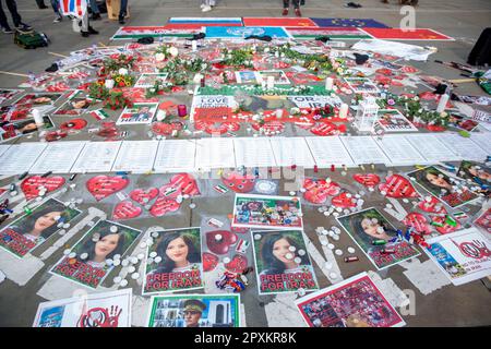 Posters and messages in support of freedom and monarchism for Iran are ...