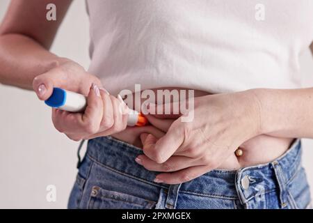 Epinephrine Shot Syringe. Woman Injecting Anaphylactic Shock Hormone ...