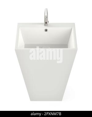 Floor-mounted wash basin with sensor faucet on white background, front ...