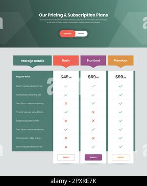 Modern pricing comparison table with check mark and abstract shape for web interface Stock ...