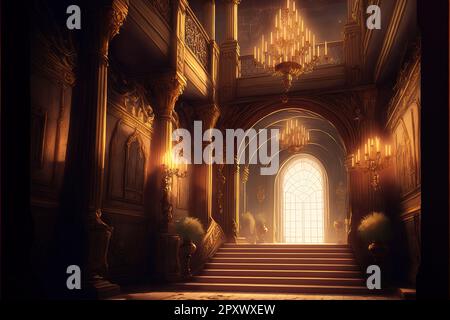 A realistic fantasy interior of the palace. golden palace. castle ...