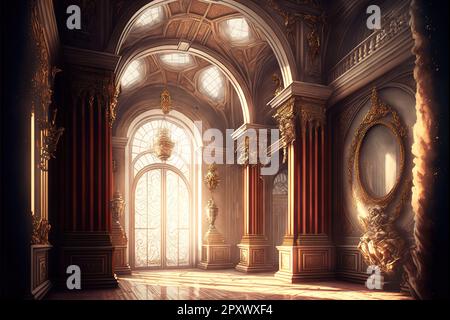 A realistic fantasy interior of the palace. golden palace. castle ...