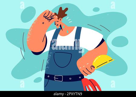 Tired fatigue engineer worker from outdoor hard work hot weather summer ...