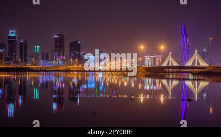 Manama illuminated downtown on the shore of Persian gulf, Manama ...