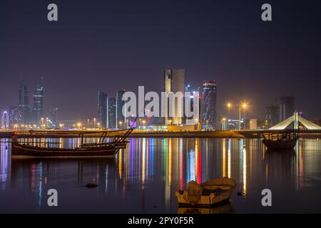Manama illuminated downtown on the shore of Persian gulf, Manama ...