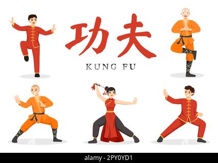 Kung Fu Illustration with People Showing Chinese Sport Martial Art in Flat Cartoon Hand Drawn ...