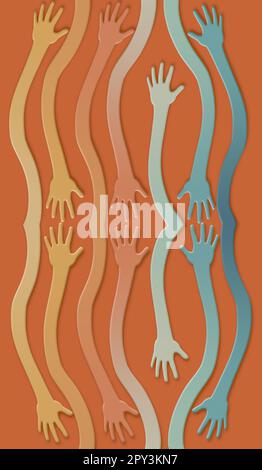 Human hands with long curving arms reach across this 3-d illustration ...