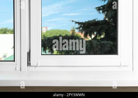 Window with empty white sill, closeup view Stock Photo - Alamy