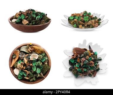 Set with scented potpourri on white background Stock Photo - Alamy