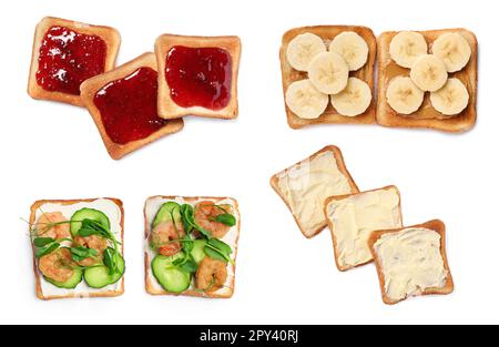 Set of different toasts with cream cheese on white background, top view ...