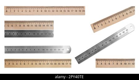 Measuring length markings in centimeters and inches of rulers on white ...