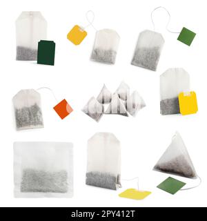 Set with different tea bags on white background. Banner design Stock ...