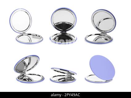 Set with stylish cosmetic pocket mirrors and lipsticks on white ...