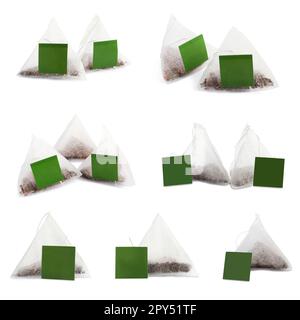 Set with different tea bags on white background Stock Photo - Alamy