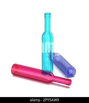 Three tall glass bottles with different colors on white background ...