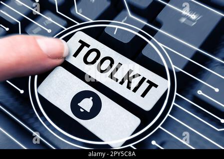 Sign displaying Toolkit. Business showcase set of tools kept in a bag ...