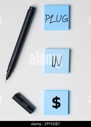 Text caption presenting Plug In. Business idea putting device into ...